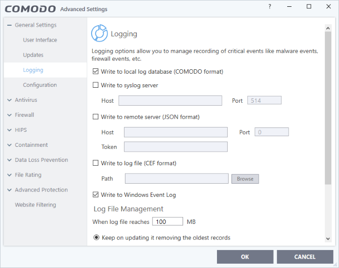 Log Events, Log Management, Event Log Management | Comodo Client Security